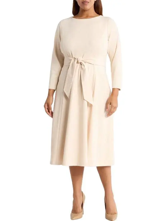 Anne Klein Tie Waist Scuba Midi Dress - Macadamia