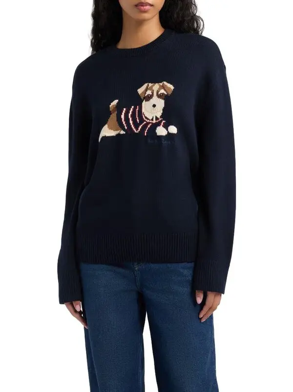 ROWING BLAZERS Terrier Dog Cotton Crewneck Sweater - Navy
