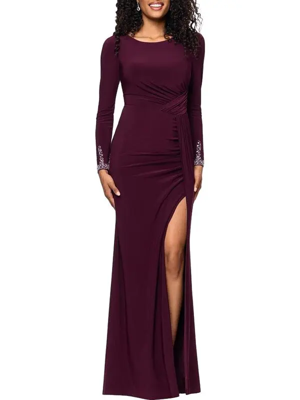 Betsy & Adam Embellished Cuff Ruched Long Sleeve Sheath Gown - Wine