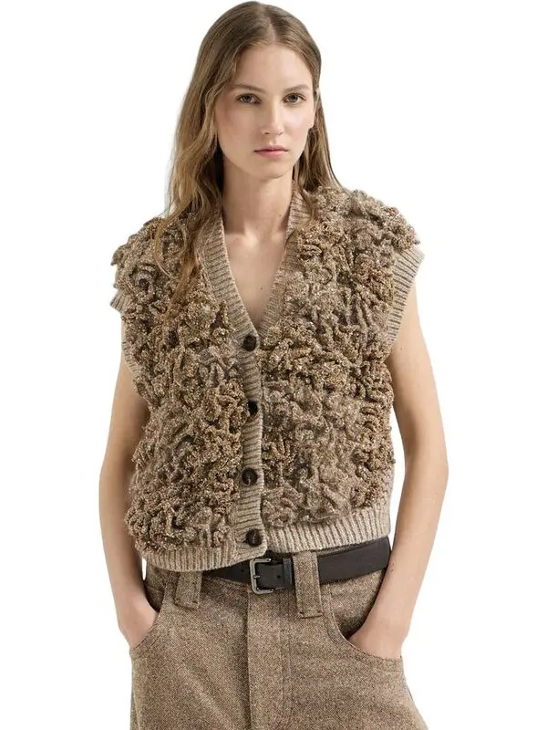 Brunello Cucinelli Handmade Dazzling Blossom Opera Knit Vest In Soft Virgin Wool And Cashmere - Light Brown
