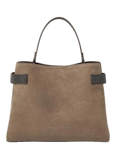 Brunello Cucinelli Essence Top-handle Bag In Suede With Precious Bands - Bark