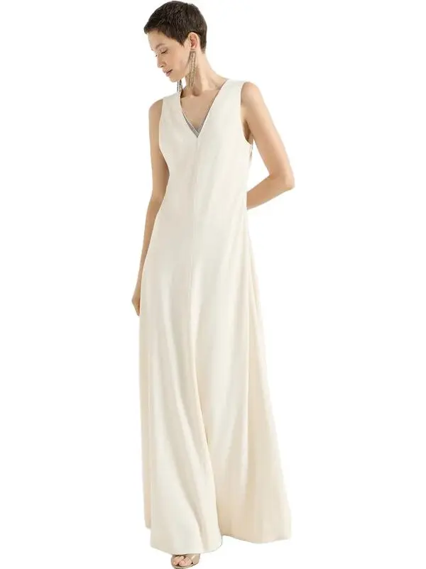 Brunello Cucinelli Silk And Acetate Crêpe Cady Fluid Dress With Precious Neckline - Chalk