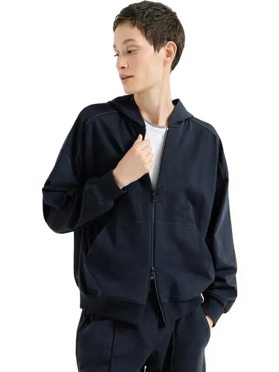 Brunello Cucinelli Stretch Cotton Lightweight French Terry Hooded Sweatshirt With Zipper And Shiny Trims - Blue