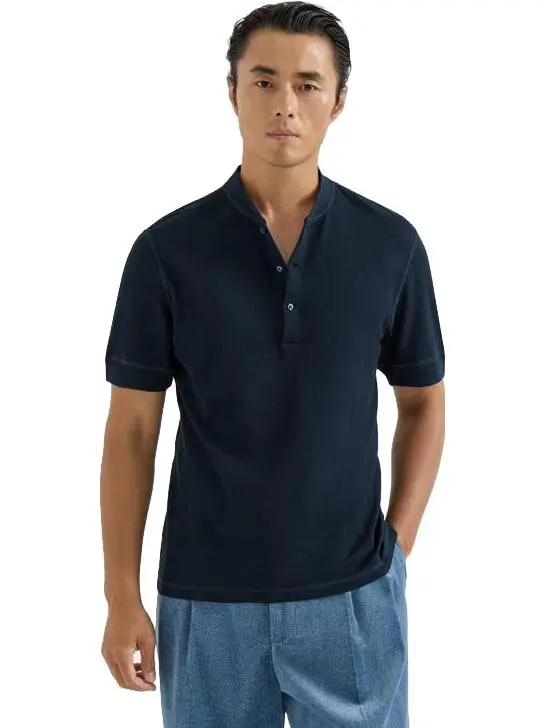 Brunello Cucinelli Cotton Waffle Jersey T-shirt With Henley Collar - Cobalt