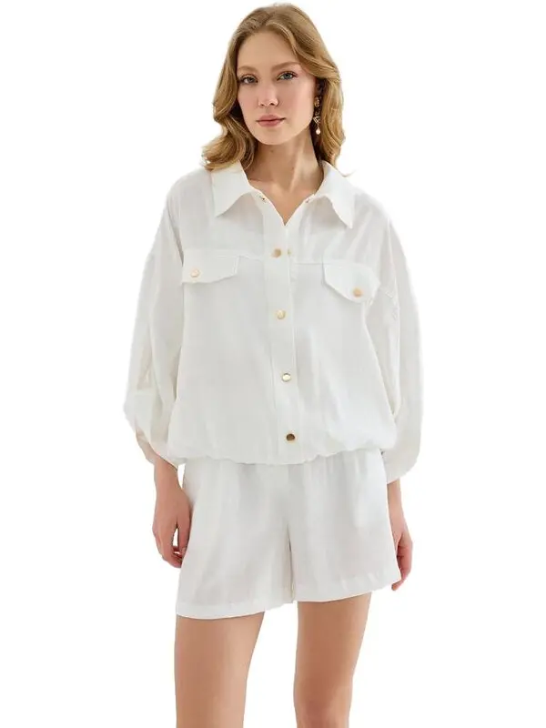 MONLICIA Aurelia Gold Button Relaxed Bomber Jacket - White