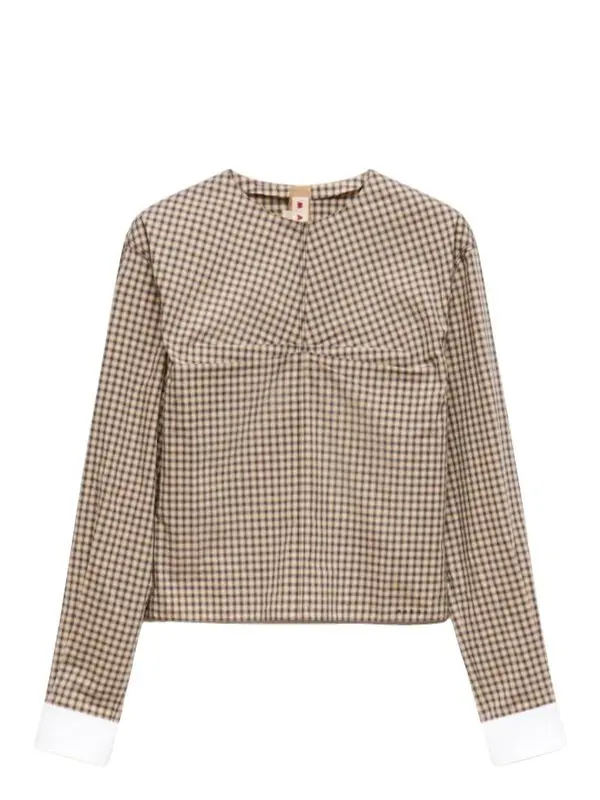 Marni Brown Checked Poplin Top With Ruched Front - Cement