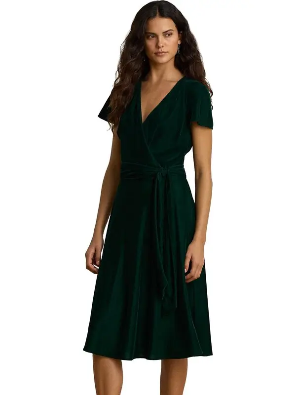 Ralph Lauren Belted Velvet Surplice Dress - Dark Green Velvet