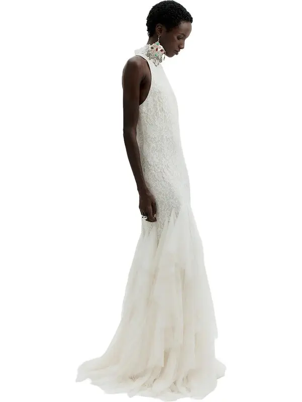 DE LA VALI Angelite High-neck Tulle Maxi Dress - Ivory