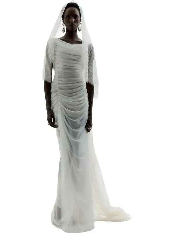 DE LA VALI Zarela Asymmetric Gathered Tulle Maxi Dress - Ivory