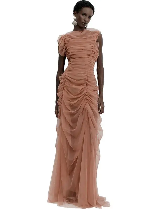 DE LA VALI Zarela Asymmetric Gathered Tulle Maxi Dress - Pink