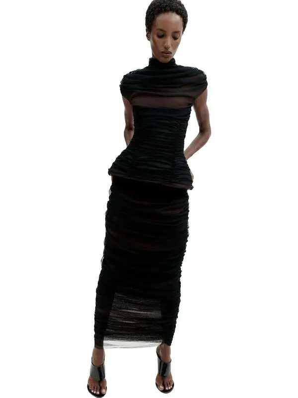 DE LA VALI Thalassa Gathered Tulle Maxi Skirt - Black