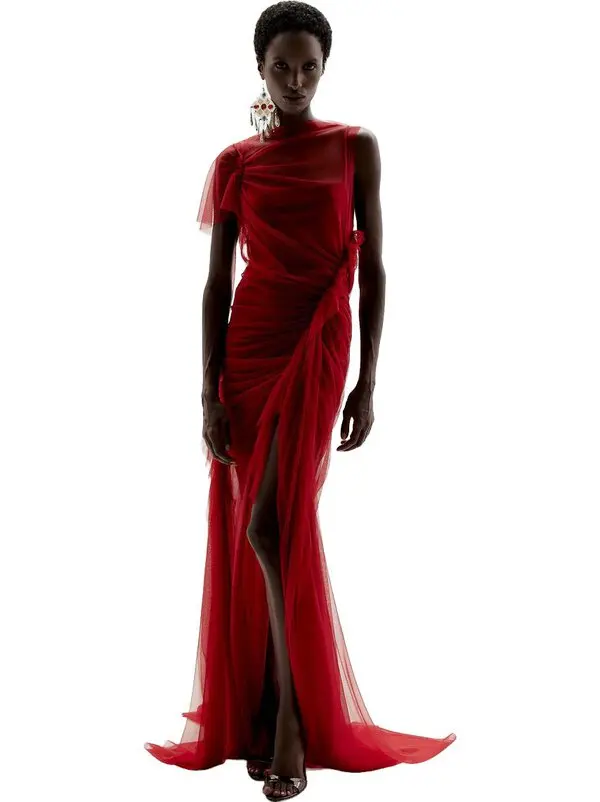 DE LA VALI Sapphire Tulle Maxi Dress - Red