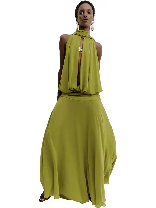DE LA VALI Indigo Sheer Halter Maxi Dress - Olive