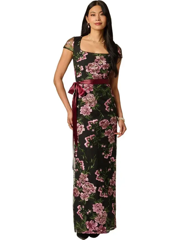 Adrianna Papell Cap Sleeve Square Neck Floral Embroidered Gown - Black Multi