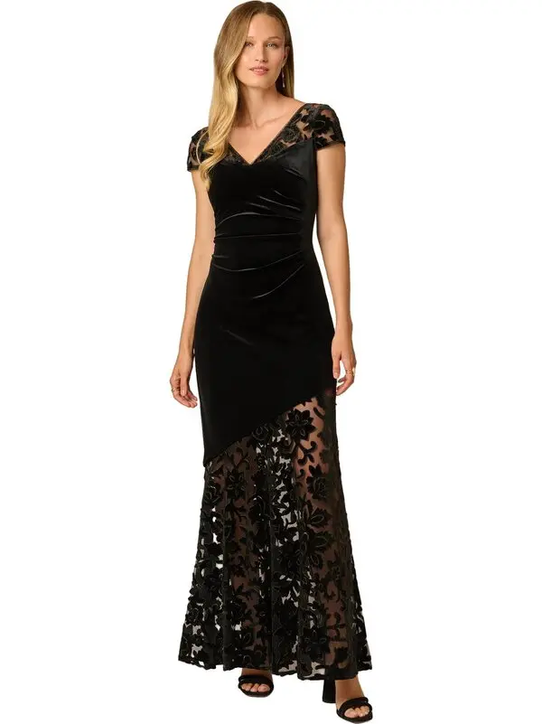 Adrianna Papell Cap Sleeve Floral Burnout Stretch Velvet Illusion Gown - Black