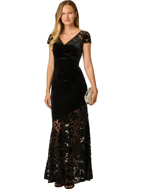 Adrianna Papell Cap Sleeve Floral Burnout Stretch Velvet Illusion Gown - Black