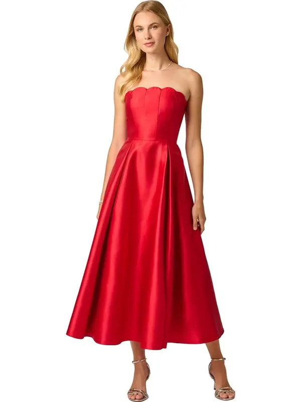 Adrianna Papell Strapless Scalloped Fit And Flare Ankle Length Dress - Red