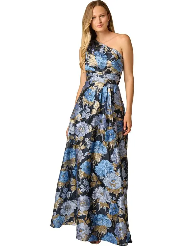Adrianna Papell One Shoulder Metallic Floral Jacquard Gown In Navy Blue Multi - Navy/blue Multi