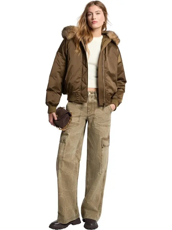 Michael Kors Faux Fur-trimmed Satin Ciré Hooded Bomber Jacket In Size By - Green