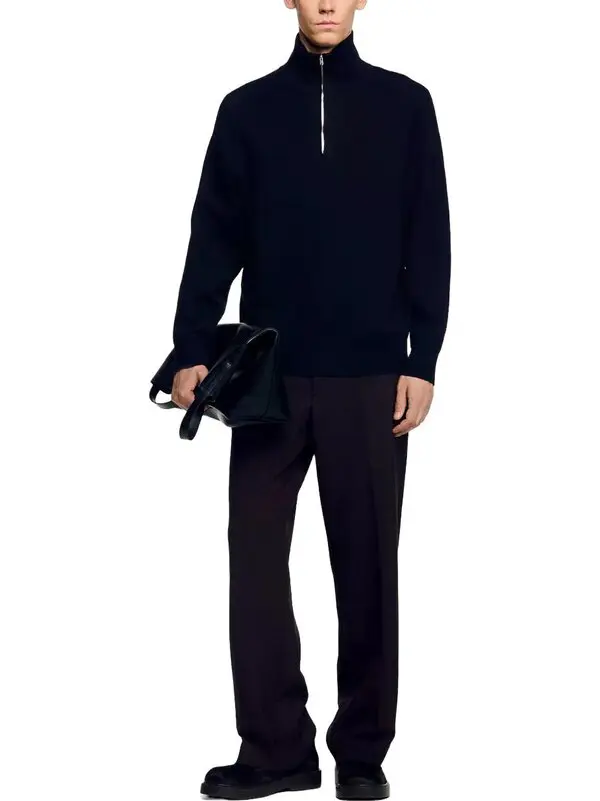 Sandro Boxy Zip Sweater With Standing Collar - Black
