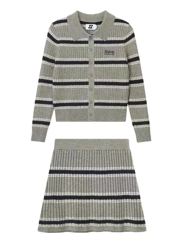 Izzue Cable-knit Striped Cardigan And Mini Skirt Set - Grey