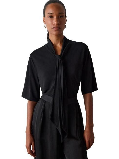 Whistles Short Sleeve Tie-neck Jersey Top - Black