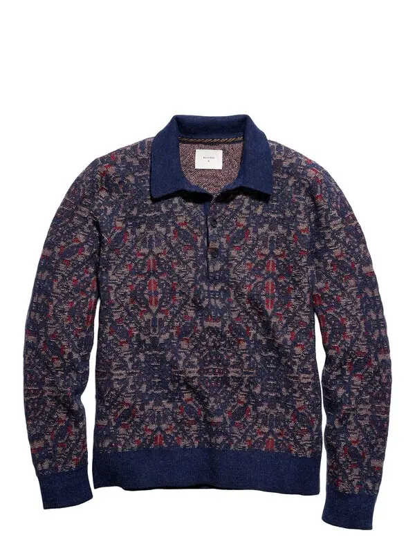 Billy Reid Long Sleeve Tile Jacquard Polo - Carbon Blue Multi
