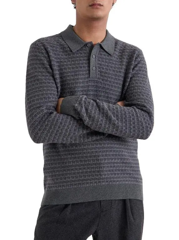 WAX LONDON Oban Geometric Cotton Long Sleeve Polo - Grey