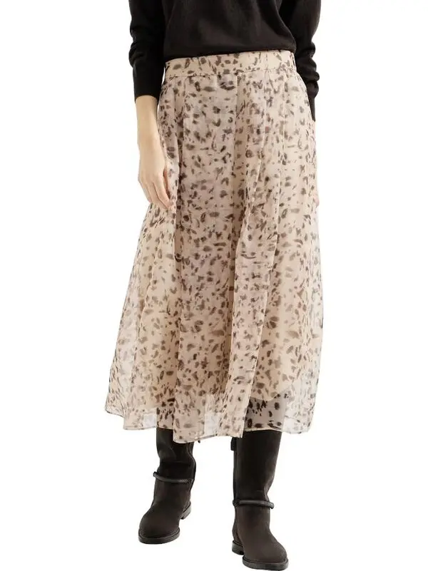 Brunello Cucinelli Lynx Print Silk Organza Pleated Skirt - Beige