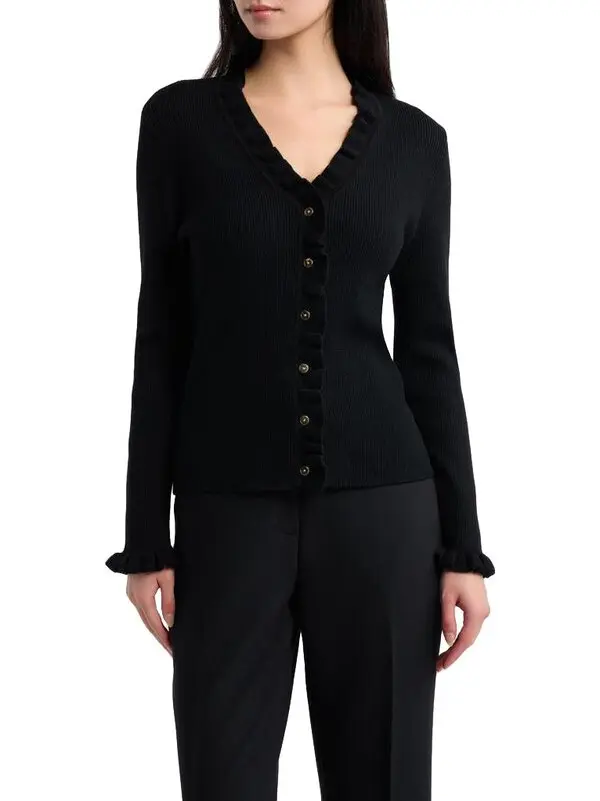 TAHARI ASL Ruffled Neck Cardigan - Black