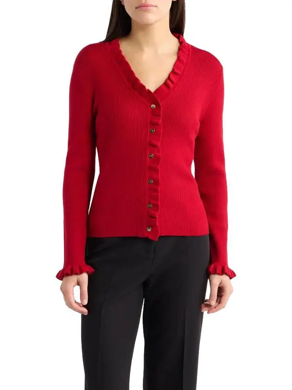 TAHARI ASL Ruffled Neck Cardigan - Lipstick