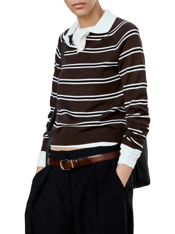 Mango Striped Polo Collar Sweater - Chocolate