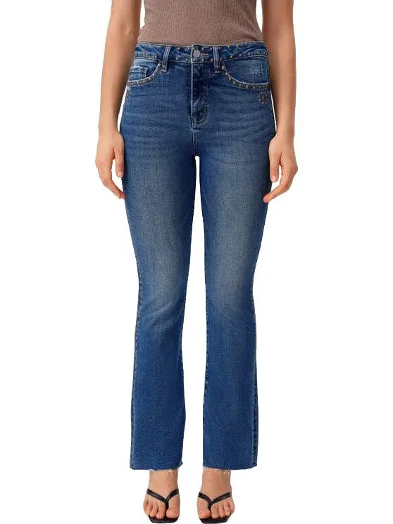 BAYEAS Rivet Studded High Waist Raw Hem Bootcut Jeans - Medium Blue