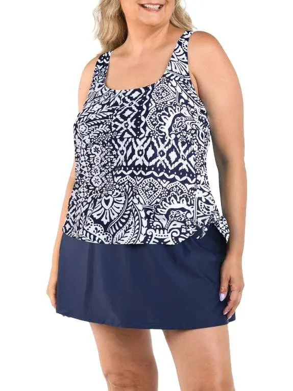 MAXINE OF HOLLYWOOD Bohemia Faux Tankini One-piece Swimdress - Indigo