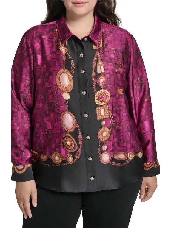 Karl Lagerfeld Paris Printed Long Sleeve Button Front Shirt - Cherry Lacquer Combo