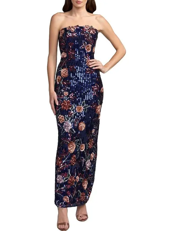 Mac Duggal Floral Sequin Mesh Strapless Column Ankle Dress - Midnight Multi