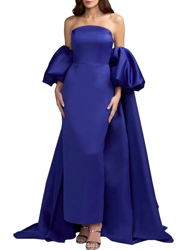 Mac Duggal Strapless Puff Sleeve Satin Gown With Cape - Cobalt