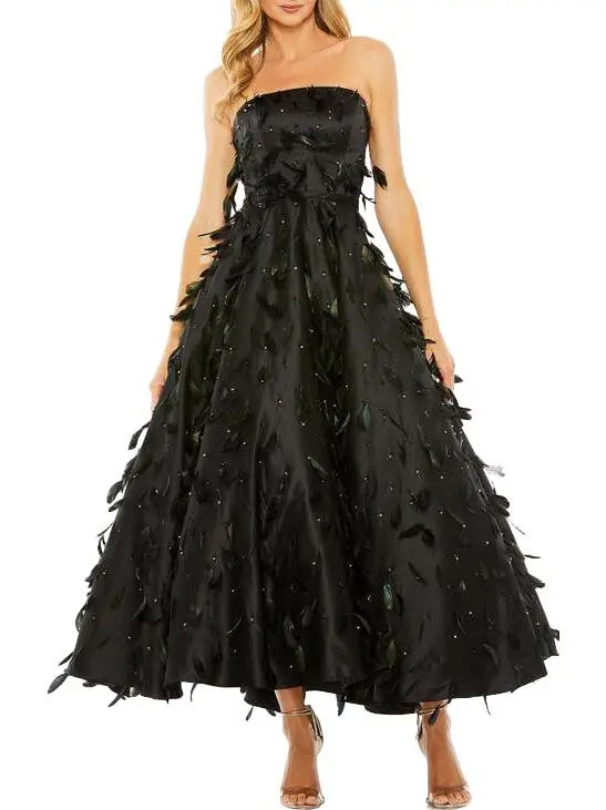 Mac Duggal Strapless Feather Embellished Ballgown - Black