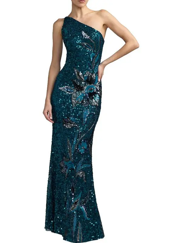 Mac Duggal One-shoulder Floral Sequin Evening Gown - Teal