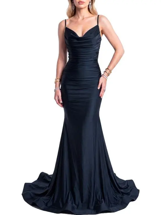 JESSICA ANGEL Ruched Cowl Neck Lace-up Mermaid Evening Gown - Black