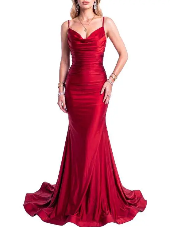 JESSICA ANGEL Ruched Cowl Neck Lace-up Mermaid Evening Gown - Red
