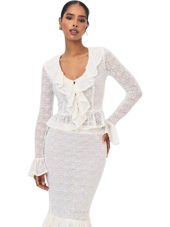 MISS CIRCLE NEW YORK Urva Crochet Ruffle Front Button Top - White