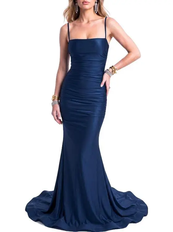 JESSICA ANGEL Ruched Lace-up Back Mermaid Evening Gown - Navy