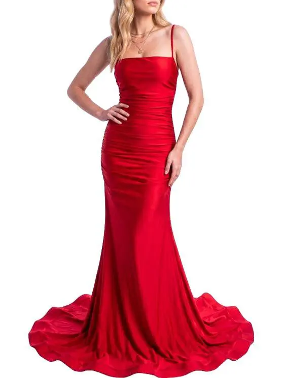 JESSICA ANGEL Ruched Lace-up Back Mermaid Evening Gown - Red