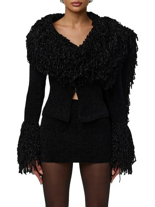 Naked Wardrobe Loop Fringe Ribbed Cardigan - Black