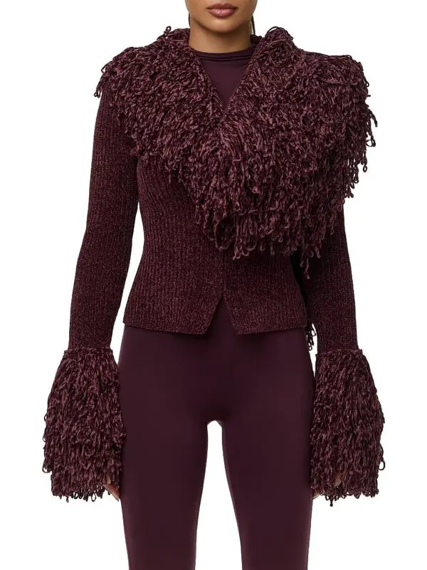 Naked Wardrobe Loop Fringe Ribbed Cardigan - Plum