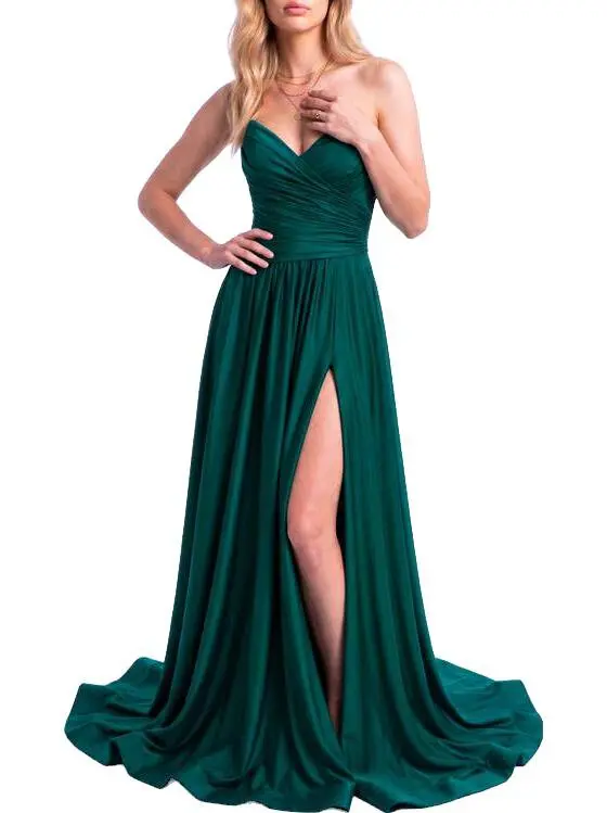 JESSICA ANGEL Strapless Ruched Sweetheart Side Slit Evening Gown - Forest Green