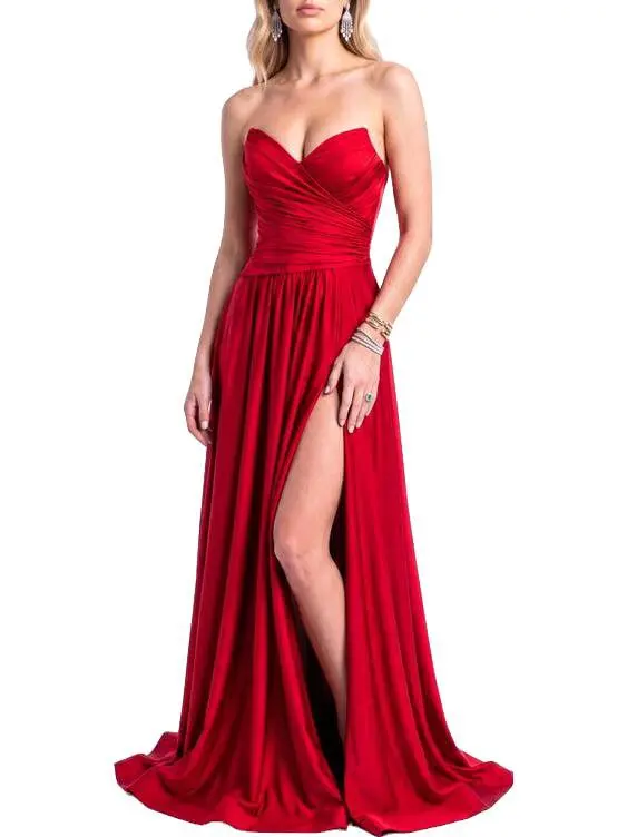 JESSICA ANGEL Strapless Ruched Sweetheart Side Slit Evening Gown - Red