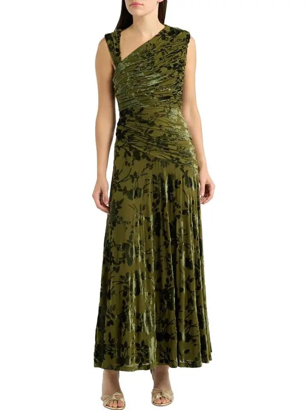 HUTCH Ester Ruched Velvet Gown - Olive