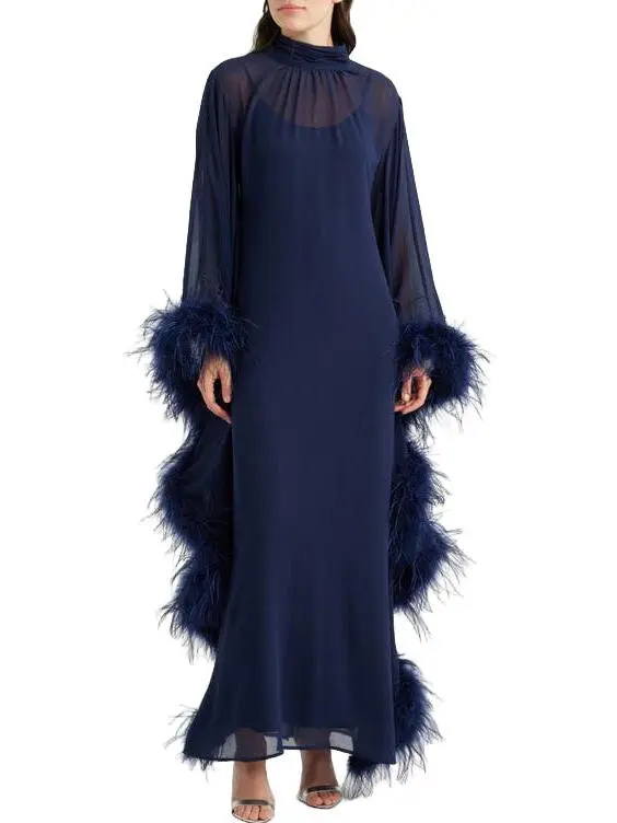 HUTCH Sheer Feather Trim Dress - Midnight